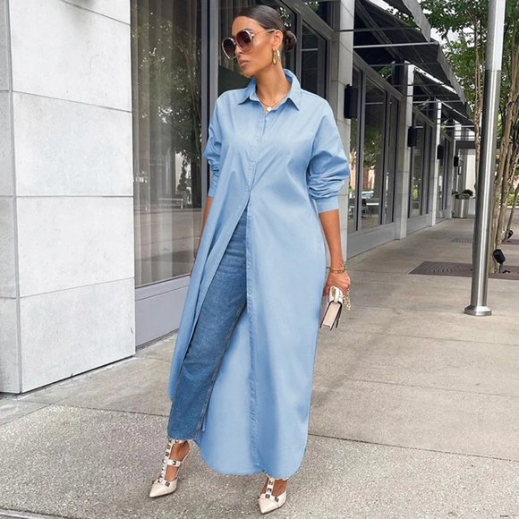 UNBRANDED | Dresses | Nwt Long Shirt Dress Duster Light Blue | Poshmark